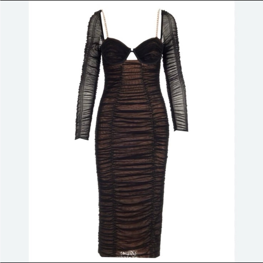 Self-Portrait Black Sheer Ruched Dress - Gem